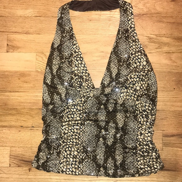 Tops | Stretch Halter Top Zip Ruch Back Print Embossed | Poshmark